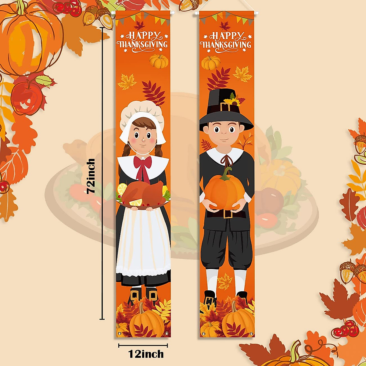 Thanksgiving Decorations Pilgrim Boy and Girl Front Porch Door Sign, Happy Thanksgiving Banner Fall Harvest Front Door Banners for Autumn Thanksgiving Harvest Party Supplies Decorations