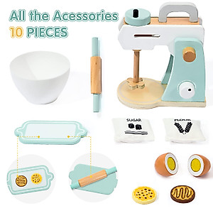 Play Kitchen Accessories, Frogprin Wooden Toy Mixer Set, Pretend Play Food Sets for Kids Kitchen - includes Extra Egg, Rolling Pin, Cookies, Sugar, Flour