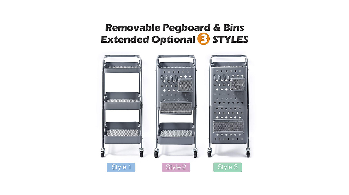 KINGRACK 3-Tier Rolling Utility Cart with Pegboard Organizer