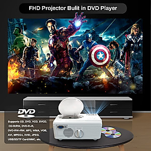 Native 1080P WiFi Bluetooth Projector Built in DVD Player, MINLOVE Full HD Portable Projector, Mini Video Movie Projector for Outdoor, Zoom & Sleep Timer Support, Compatible with TV/HDMI/VGA/AV/USB/TF