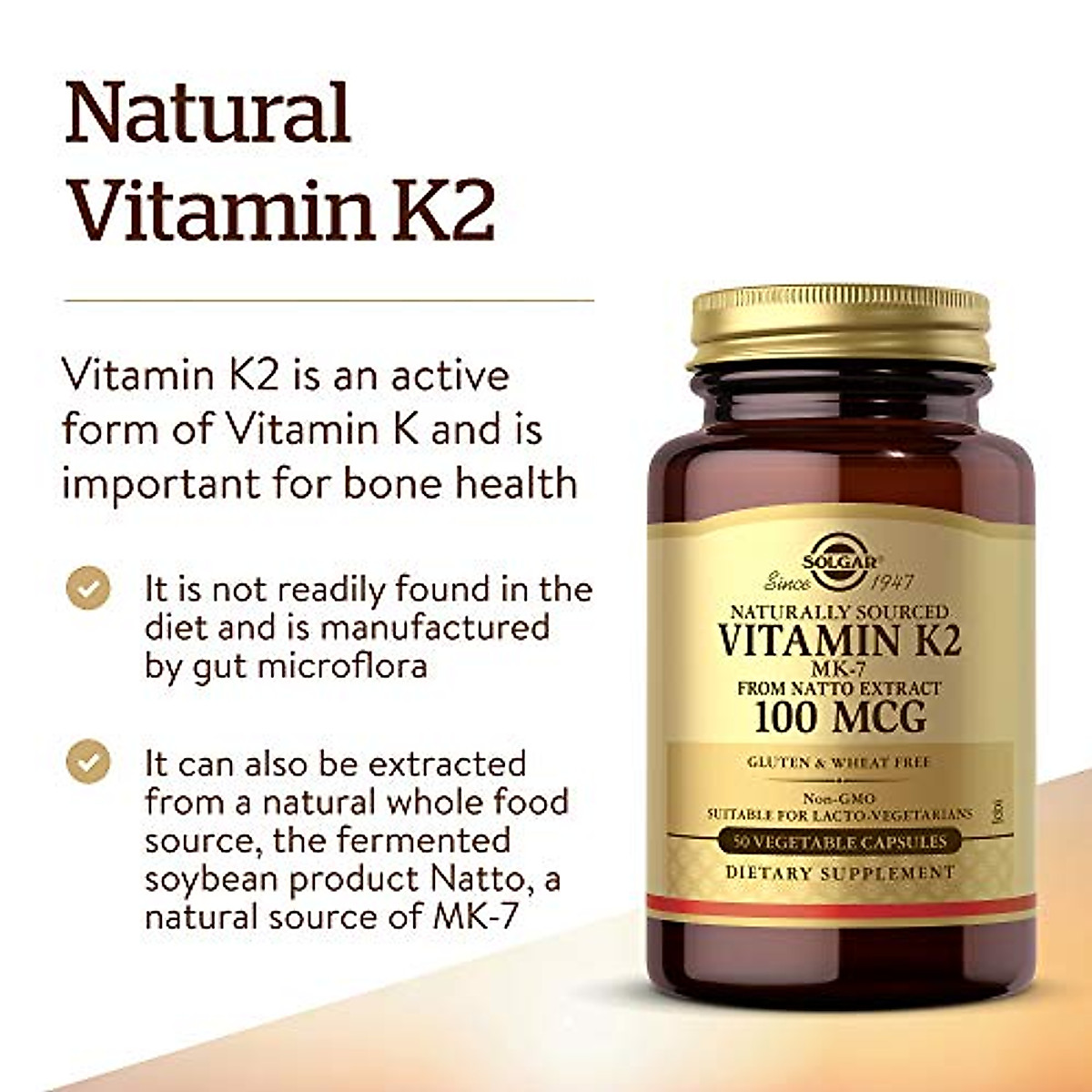 Solgar Natural Vitamin K2 (MK-7) 100 mcg, 50 Vegetable Capsules - Pack of 2 - Supports Bone Health - Natural Whole Food Source from Natto Extract - Non-GMO, Gluten Free - 100 Total Servings