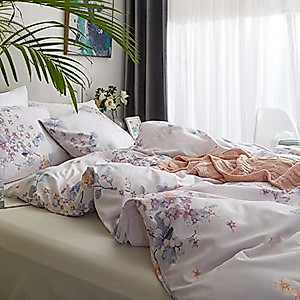 LOYOLADY Lilac Duvet Cover Set Queen Size, 3 Pieces Lightweight Soft Microfiber Bedding Comforter Cover for All Seasons (Queen, 90x90 Inches, Purple and Yellow Flower)