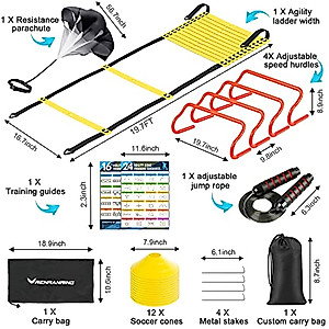 X-UMEUS Agility Ladder Speed Training Equipment Set - Includes 20ft Agility Ladder, Resistance Parachute, 4 Agility Hurdles, 12 Disc Cones for Training Football Soccer Basketball Athletes