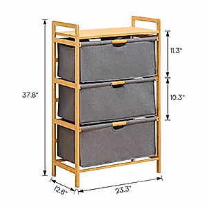 MoNiBloom 3 Section Clothing Storage Removable Bamboo Organizer Unit with Pull-Out Fabric Baskets for Bedroom Laundry Home Office, Grey