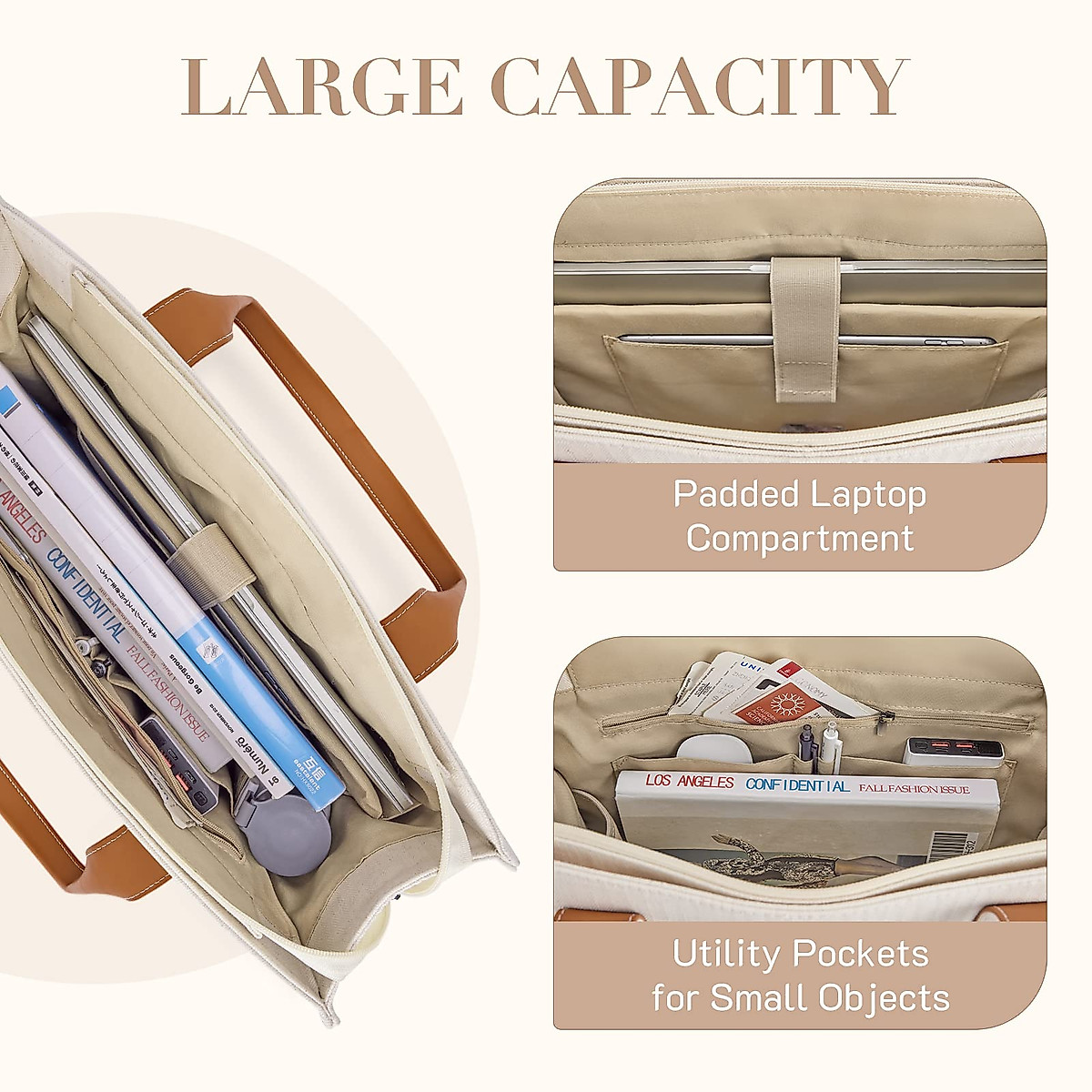 Missnine Tote Bag Canvas Laptop Bag 15.6 inch Briefcase for Women Large Capacity Handbag for Office, College, Travel (Brown+Beige)