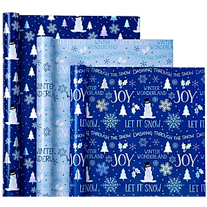 WRAPAHOLIC Christmas Wrapping Paper Roll - Mini Roll - 3 Rolls - 17 Inch x 120 Inch Per Roll - Blue and White Winter Wondland, Snowflake, Snowman Holiday Collection with Metallic Foil Shine