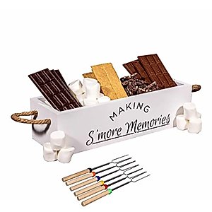 S’mores Station Wooden Box S’mores Bar Carrier with Durable Handles Smores Caddy with Marshmallow Sticks, Farmhouse Decor, Rustic Smores Kit - Great for Parties, Entertaining, Camping (White)
