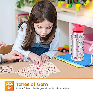 Gift for Girls, Decorate & Personalize Your Own Water Bottles with Tons of Rhinestone Glitter Gem Stickers, Reusable BPA Free 12 oz Kids Water Bottles Cute Gift, Fun DIY Art and Craft for Kid Pink