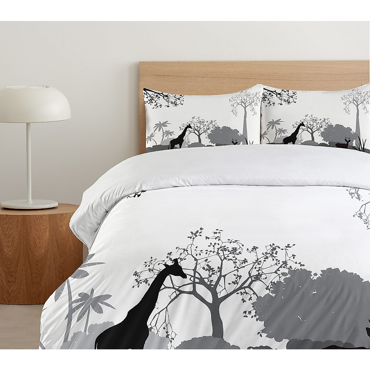 Ambesonne Savannah Duvet Cover Set, Grayscale Silhouette of Savannah Giraffe Deer and Trees Wild Region Theme Africa, Decorative 3 Piece Bedding Set with 2 Pillow Shams, Queen Size, White Grey