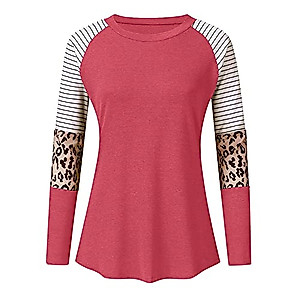 Womens Tees Long Sleeve Women's Top Fall and Winter Leopard Stripe Color Matching Printed Round Neck Shirt Casual Sexy Tunic Watermelon Red M