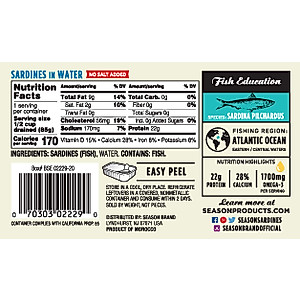 Season Sardines in Water – No Salt Added, Wild Caught, 22g of Protein, Keto Snacks, More Omega 3's Than Tuna, Kosher, High in Calcium, Canned Sardines – 4.37 Oz Tins, 12-Pack