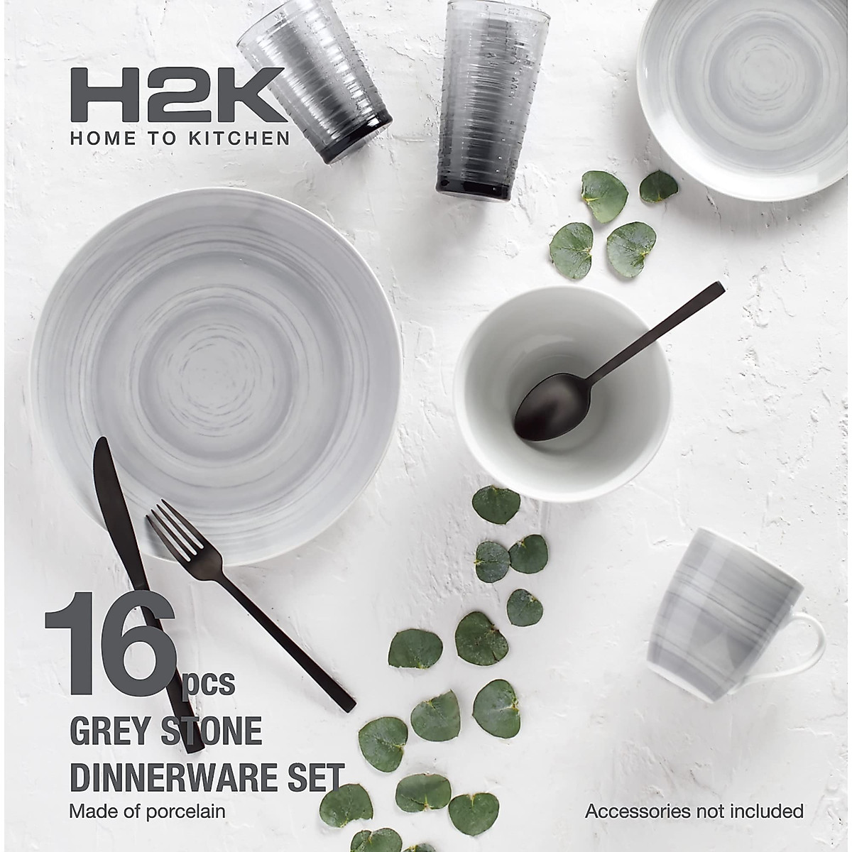 Safdie & Co. Grey Stone 16 Piece Dinnerware Set, Service for 4, Fiesta Dinnerware, plates and bowls sets, home trends and home food network essentials, Porcelain dinner plates