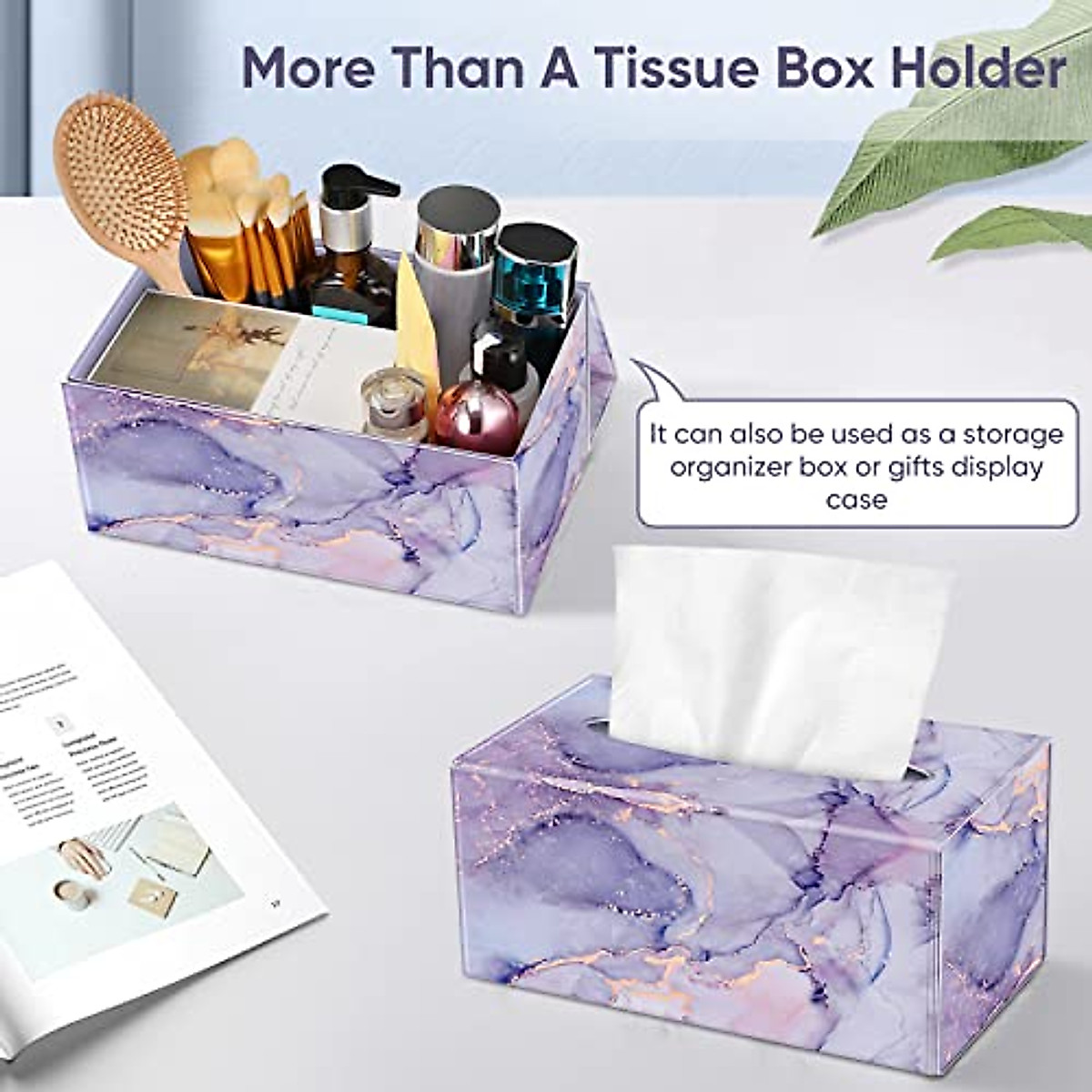 Tissue Box Holder, FINPAC Rectangular PU Leather Foldable Facial Tissue Napkin Box Covers Decor Holder for Living Room, Bathroom, Kitchen Countertop, Lilac Marble