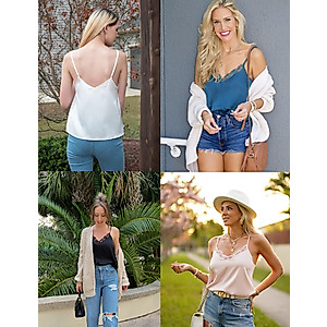 Ekouaer Women 2 PCS Cami Lace Satin Silk Tops Adjustable Spaghetti Strap Tank Shirt V Neck Tank Tops White & Champagne S