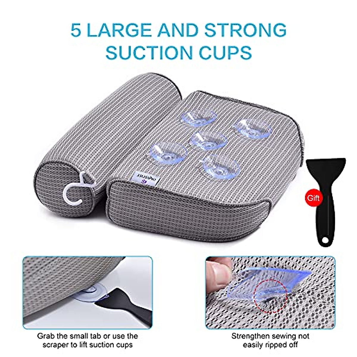 OMYSTYLE Bath Pillows for Tub, Bathtub Pillows with Soft 5D Air Mesh & 5 Large Suction Cups, Quick Dry Spa Bath Pillow for Neck, Head, Shoulder and Back Support - Soft, Non-Slip, Extra Thick | Gray