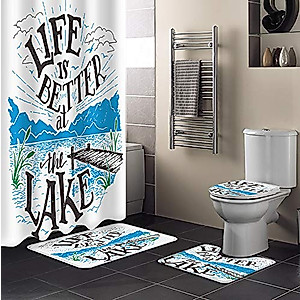 OneHoney 4 Piece Shower Curtain Sets with Non-Slip Rugs, Life is Better at The Lake Quotes Bathroom Curtains Waterproof, Lake and Mountain Landscape Decor Doormat, Toilet Lid Cover and Bath Mat