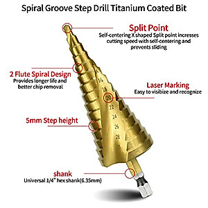 BAYTORY HSS Step Drill Bit Set, 6Pcs Hex Shank Coated Step Drill Bits Set, 4-12/20 / 32mm Large Titanium HSS Step Cone Drill Bit (Spiral 6-Piece Set)