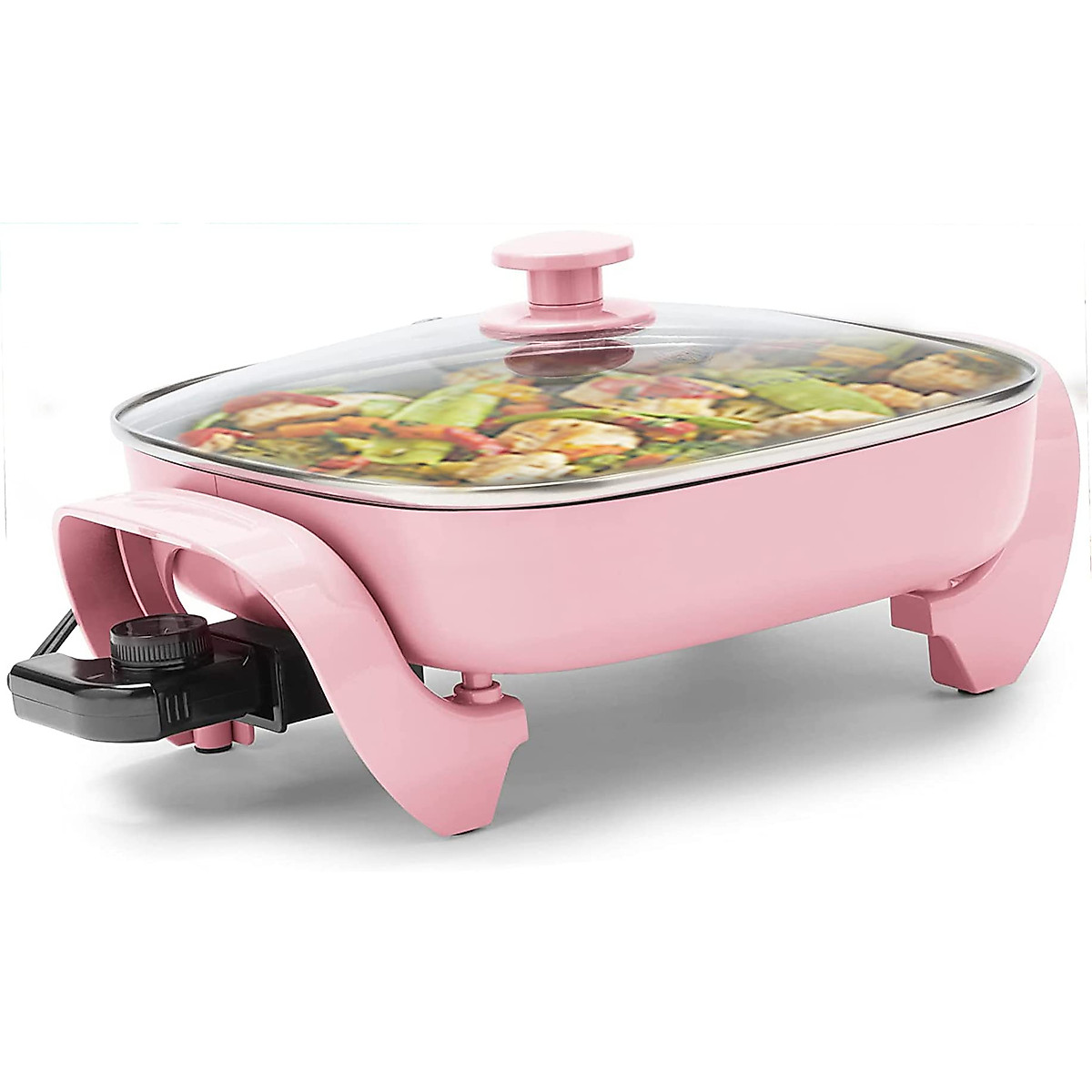 12-inch Nonstick Square Electric Skillet - with Glass Lid, Dishwasher Safe, Pink