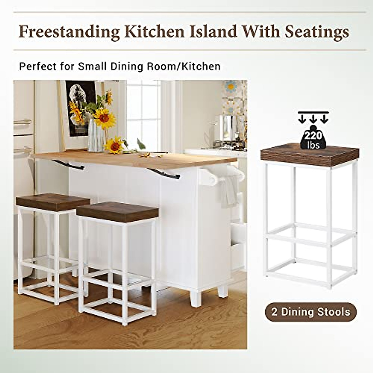 Bellemave Kitchen Island Set with Drop Leaf and 2 Seatings,Dining Table Set with Storage Cabinet,Drawers and Adjustable Shelves( White+Rustic Brown)