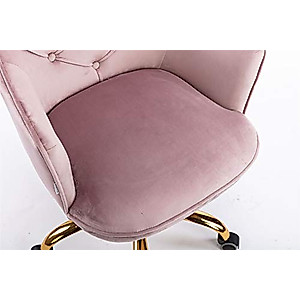 Velvet Swivel Shell Chair on Wheels,Modern Leisure Arm Chair with 360 Degrees and Adjustable Lift Heigh,Accent Home Office Chair with Golden Metal Base for Living Room,Study (Light Pink + Metal)