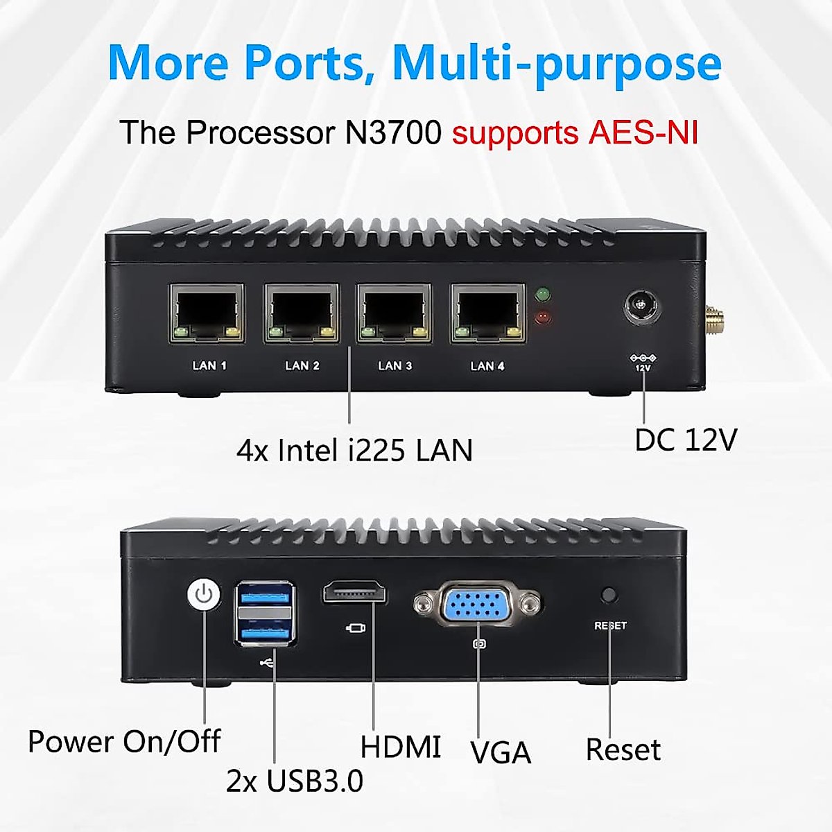 VNOPN Micro Firewall Appliance Intel N3700 Quad Core, Fanless Mini PC 4 Intel 2.5GbE i225 LAN Ports 8GB RAM DDR3 128GB mSATA SSD, Network Gateway Soft Router PC, Support AES NI/WiFi