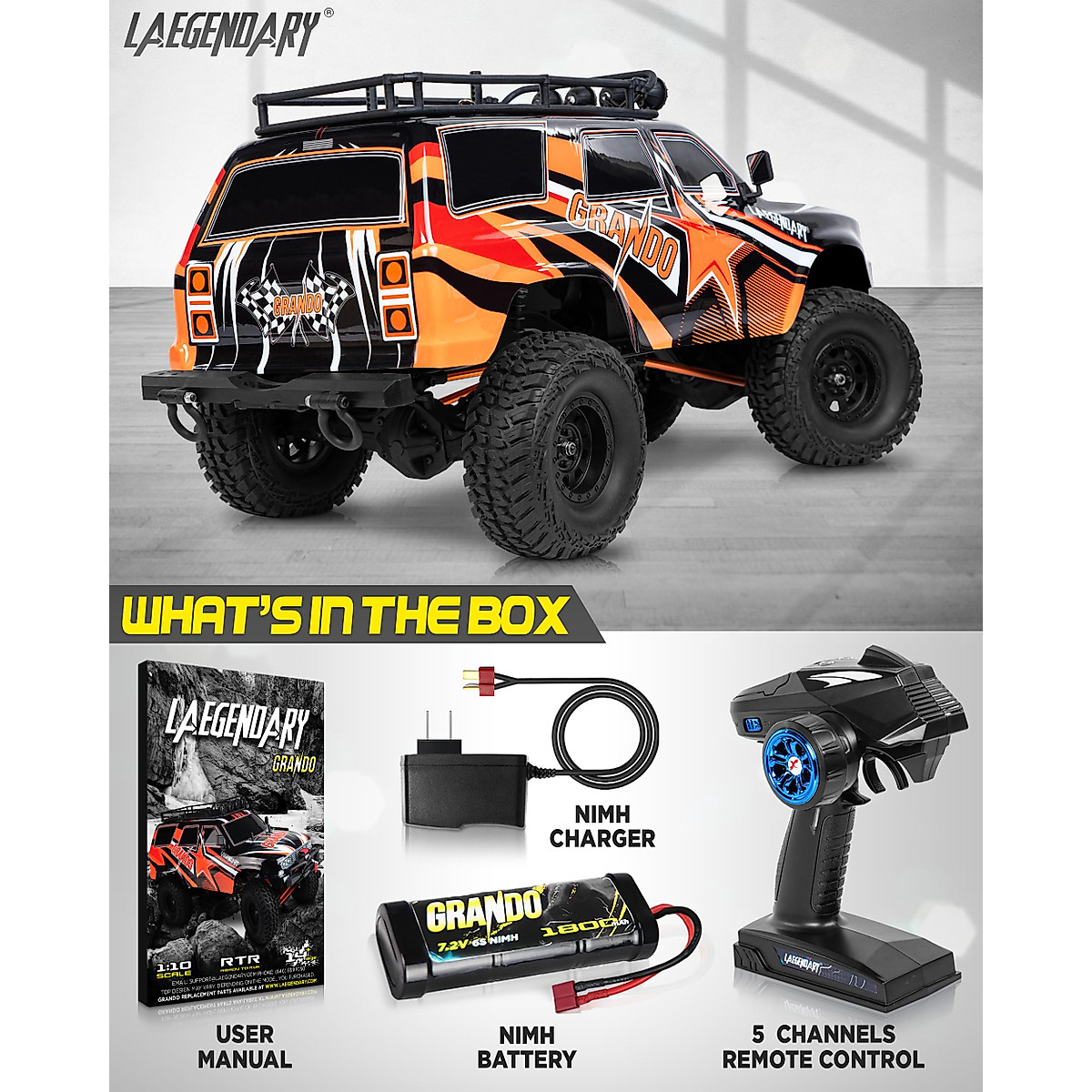 LAEGENDARY 1:10 Scale RC Rock Crawler - 4x4 Offroad Remote Control Truck for Adults - Fast, Electric and Hobby Grade - Brushed Motor and Red-Orange Color
