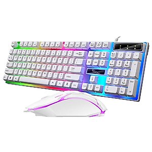 BenRan Wired Gaming Keyboard Rainbow Backlit Mechanical Keyboard Mouse Combo, LED 104 Keys USB Ergonomic Keyboard, Mouse for PC Gamer(White)