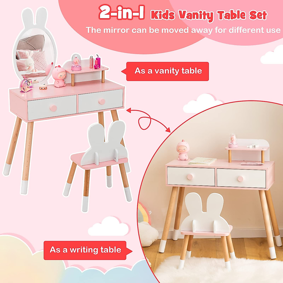 FIREFLOWERY Kids Vanity, Kids Vanity Table and Chair Set with Mirror & Storage Shelf, Princess Dressing Table, Toddler Makeup Vanity, Girls Vanity with 2 Large Drawers (White)