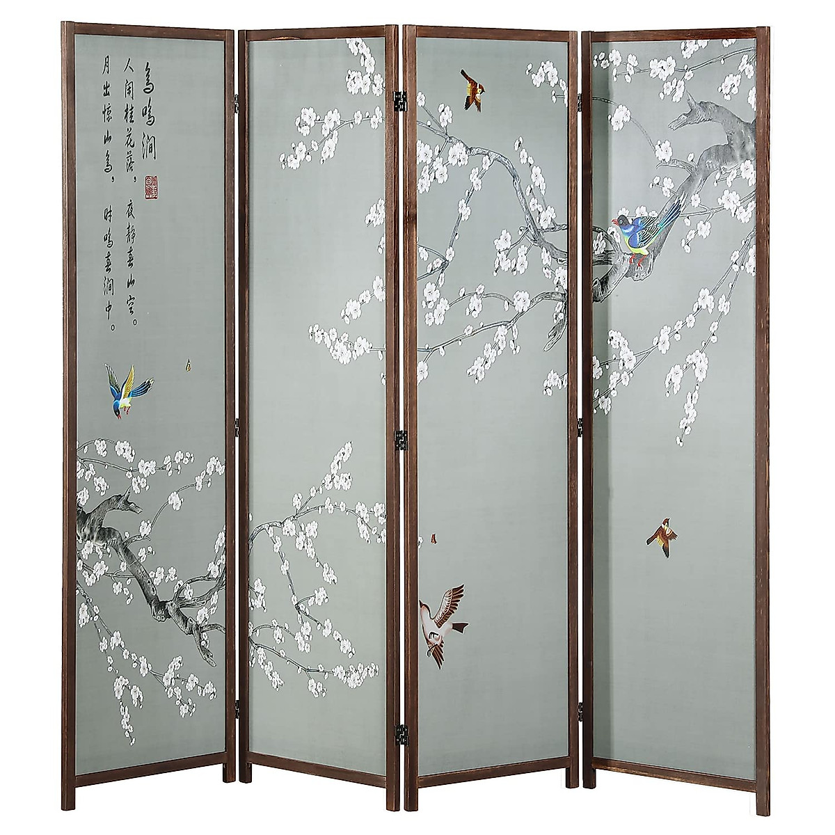 MyGift 4-Panel Asian-Inspired Folding Room Divider with Cherry Blossom Tree & Bird Design Poetry Calligraphy and Brown Wooden Frame