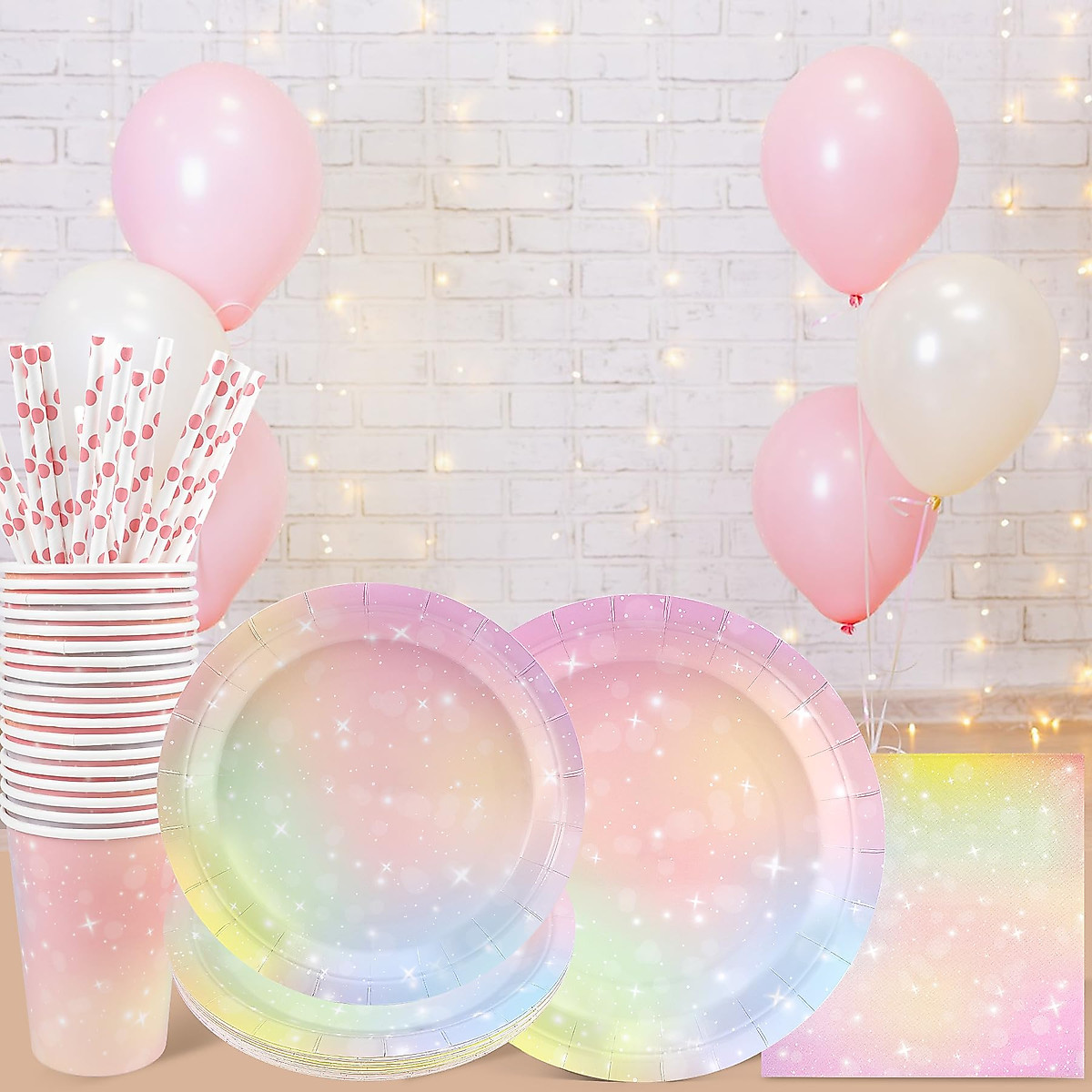 Pastel Birthday Party Supplies Decorations, Rainbow Theme Birthday Paper Plates and Napkins Set with Cups and Straws for 24 Guests, 120 Pcs Disposable Party Dessert Dinnerwares