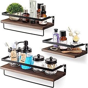 AOZITA 3 Set PRE-Assembled Floating Bathroom Shelves with 2 Towel Bars, Wall Mounted Storage Wood Shelf, Rustic Decor Accessories for Bathroom, Kitchen, Bedroom, Office, Over Toilet - Brown