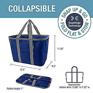 CleverMade EcoBasket 30 Liter Reusable Tote Bag with Reinforced Bottom: Collapsible Grocery Shopping Basket, Blue/Grey, 3 Pack
