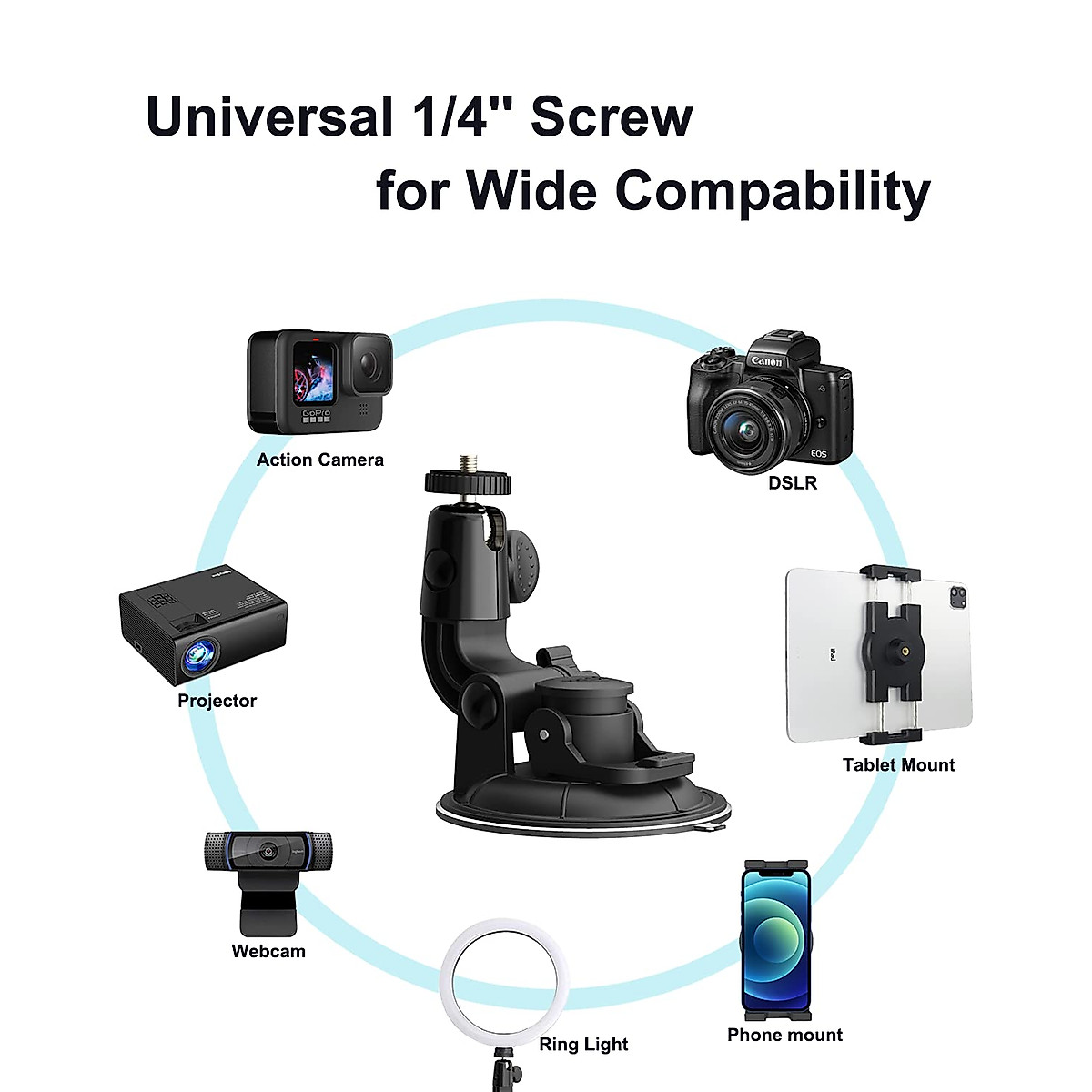 Aozcu Windshield Car Tablet Mount, Window Dashboard Tablet Holder, 95mm Powerful Suction Mount with 1/4'' Screw Tip for iPad Pro 11/ Air/Mini, Galaxy Tabs, More 4-13'' Phone & Tablets, and Camera