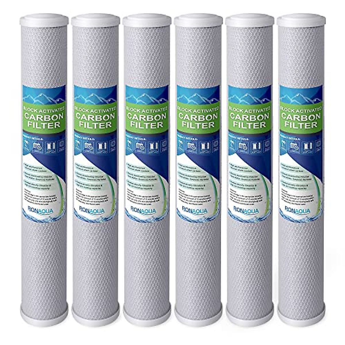 Standard Whole House Coconut Shell Carbon Block 5 Micron Water Filter 20” x 2.5” Fits 20” x 2.5” Housings. Remove Chlorine and Bad Odor. Compatible with C1-20, HX-CB-25-2010, F3WCB32 Pack of 6
