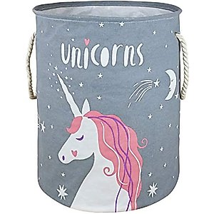 VAIVUSTO Round Laundry Basket Waterproof Canvas Large Clothes Basket Laundry Hamper with Rope Handles Cute Cartoon Kids Nursery Hamper for Kids Room Toy Storage Girls Room Decor (Gray Unicorn)