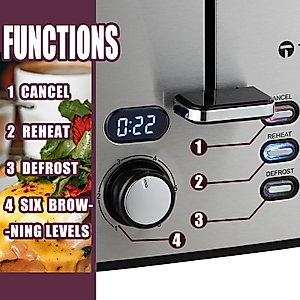 Tesslux 4 Slice Toaster, Wide Slot Bread Toaster with 6 Shade Settings, Stainless Steel Toaster with LCD Display, Removable Crumb Tray, Cancel/Defrost/Reheat Function, 1400W