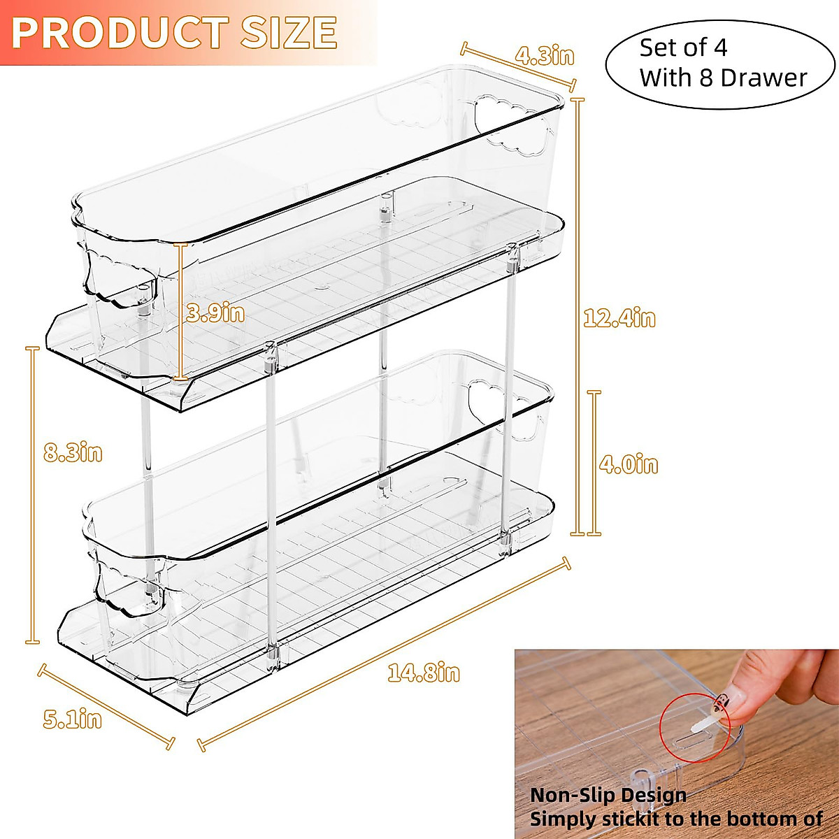 14.8" Deep 2 Tier Bathroom Storage Organizer, 4 Pack Clear Under Sink Organizers Vanity Countertop Storage Container, Medicine Cabinet Drawers Bins, Pull-Out Organization with Track for Pantry,Kitchen