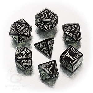 Q-Workshop Call of Cthulhu Black & Glow-in-The-Dark RPG Ornamented Dice Set 7 Polyhedral Pieces Black & Glow-in-the Dark, Standard (15mm - 17mm)