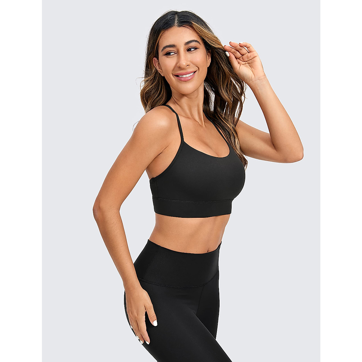CRZ YOGA Butterluxe Womens Y-Back Racerback Sports Bra - Spaghetti Straps Wireless Scoop Neck Athletic Padded Yoga Tops Black Small