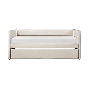 Lexicon Upholstered Daybed with Trundle, Textured Fabric Twin Day Bed Frame with Backrest and Wood Slat Support, Twin Trundle Daybed Sofa Bed for Bedroom Guest Room, No Box Spring Needed, Beige