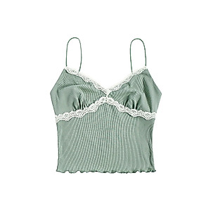 SweatyRocks Women's Leopard Sleeveless Lace Trim Spaghetti Strap Camisole Crop Tank Top Green L