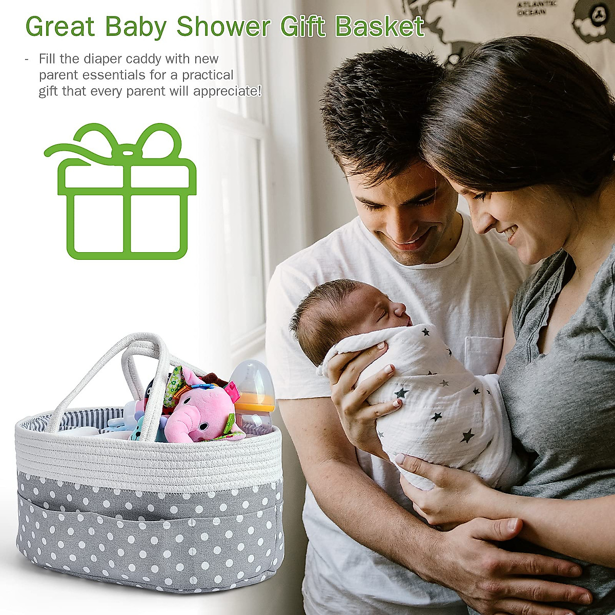 Baby Diaper Caddy Organizer, Rope Nursery Storage Basket with Removable Division Inserts, 3 Grids 8 Pouches, for Baby Boy or Girl Shower Gifts Newborn Essential Stuff Registry Must Haves Item