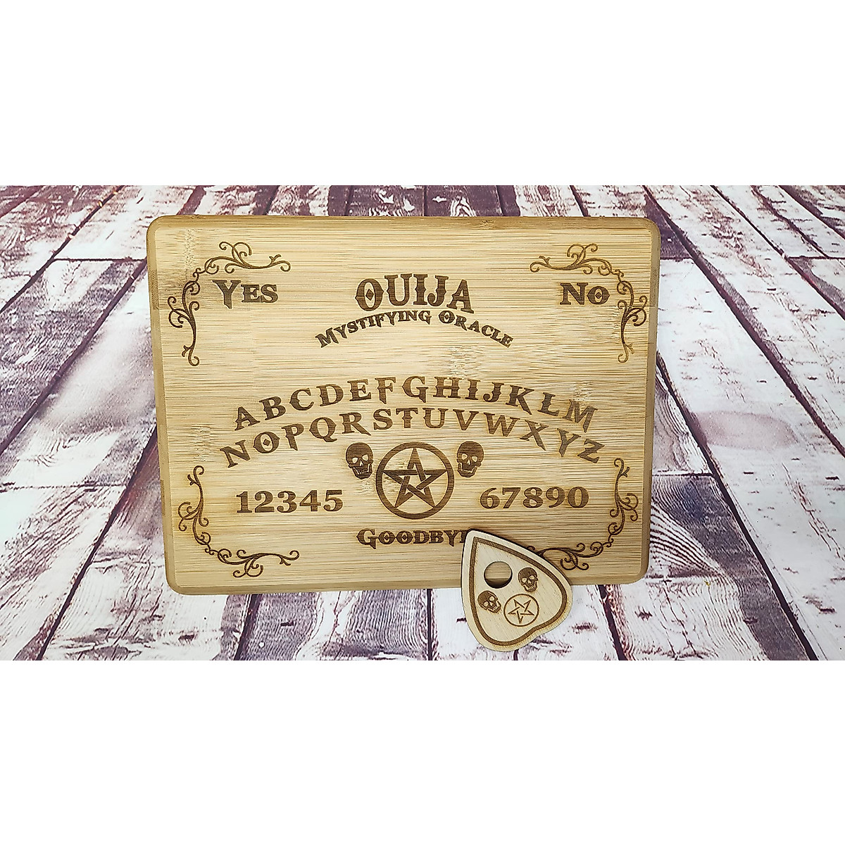 Ouija Spirit Talking Bamboo Cutting Board with Slider/Kitchen Carving Board 12x9 / Novelty Ouija Board
