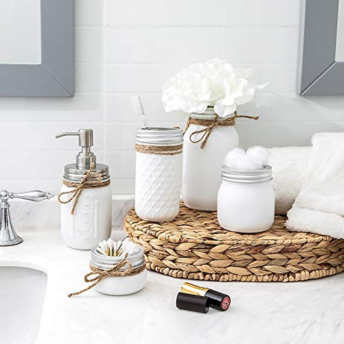 Mkono Mason Jar Bathroom Accessories Set White Mason Jars Bathroom Organizer Include Liquid Soap Dispenser,Cotton Swab,Tissue,Toothbrush Holder,Rustic Country Countertop Fall Decor 5 Piece, White