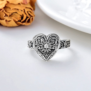 SOULMEET Sterling Silver Heart Sunflower Locket Ring That Holds Pictures Personalized Memorial Photo Locket Band Poison Locket Rings Size 5-10 (Ring+Photo)