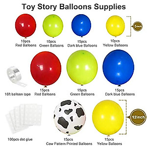 Toy Inspired Story Party Balloons Arch, 120pcs Cow Pattern Printed White Balloons Green Red Blue Yellow Latex Balloons with Balloon Strip for Baby Shower, Kids Birthday Party Backdrop Decorations