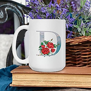 Monogram Letter D Coffee Mug Watercolor Blue Letter Rose Flower Funny Coffee Mugs Alphabet Letters Drinking Cups Drinking Cups with Handle Retirement Gifts For Mom Dad Grandma Grandpa Women Men 15oz