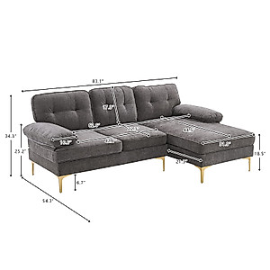 Karl home Sectional Sofa 83" L-Shape Sofa Couch 3-Seat Couch with Chaise ChenilleFabric Upholstered for Living Room, Apartment, Office, Dark Gray