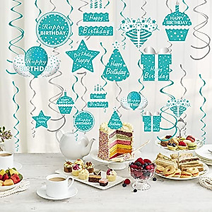 Teal Silver Birthday Decorations Hanging Swirls Party Supplies, 30Pcs Breakfast Blue Happy Birthday Foil Swirls for Girls Women, 16th 21st 30th 40th 50th 60th Bday Ceiling Swirls Sign