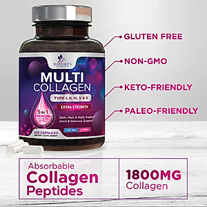 Collagen for Women & Men, Type I, II, III, V, X Collagen Pills Complex, Grass Fed Non-GMO, Nature's Hydrolyzed Multi Collagen Peptides Supplement, Hair, Skin, Nail, Joint Health Support - 240 Capsules